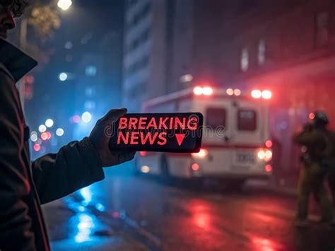 Journalist Showing Breaking News On Smartphone Screen At Night Stock
