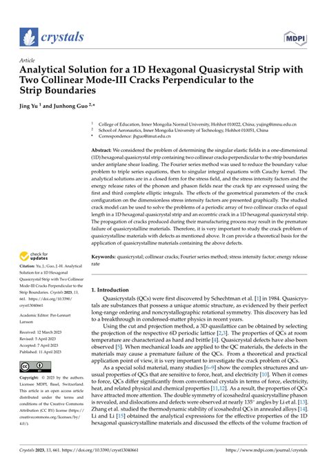Pdf Analytical Solution For A 1d Hexagonal Quasicrystal Strip With Two Collinear Mode Iii