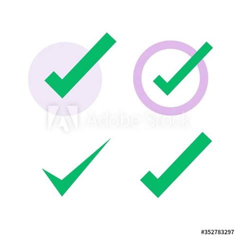 Check Mark And Tick Icons In Green Purple And Lilac On A White Background