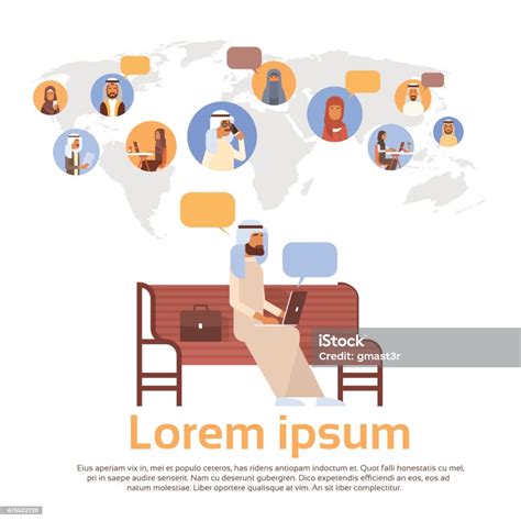 노트북 컴퓨터를 사용 하는 사람 이슬람 사람들 채팅 미디어 통신 소셜 네트워크 아랍어 남자와 여자 세계 지도 Brand Name Online Messaging