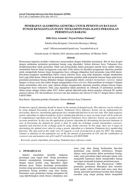 Pdf Jtiik Penerapan Algoritma Genetika Untuk Penentuan Batasan Fungsi Kenggotaan Fuzzy