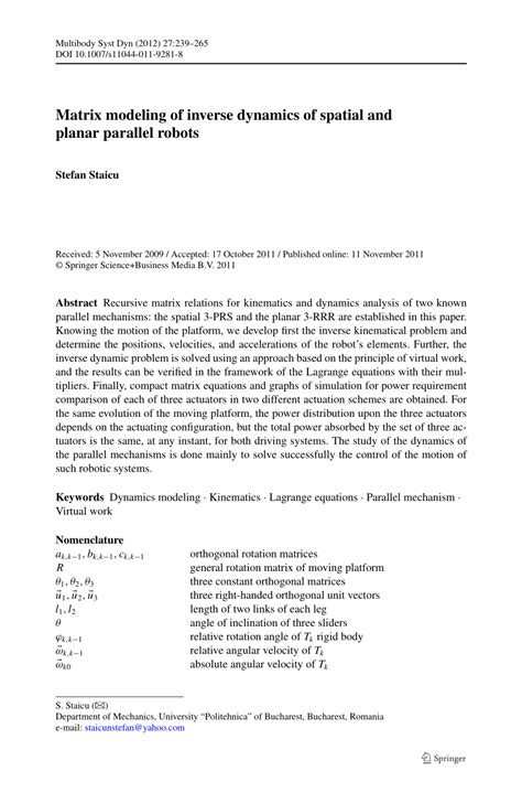 pdf matrix modeling of inverse dynamics of spatial and planar