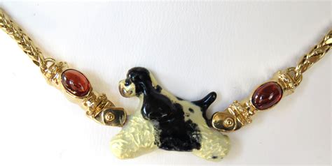 14k Gold Necklace With Enamel Artwork Cocker Spaniel And Cabochon Links