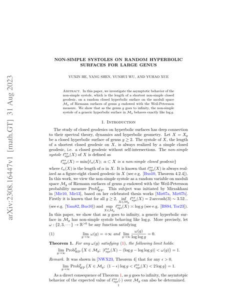Pdf Non Simple Systoles On Random Hyperbolic Surfaces For Large Genus