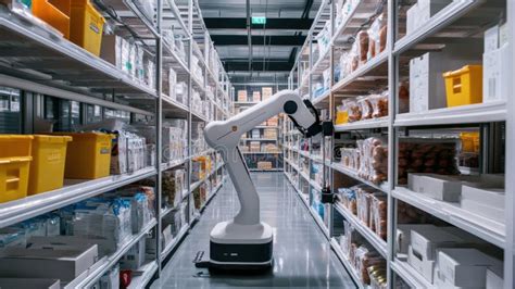 High Tech Warehouse With Robotic Arms Efficiently Picking Groceries For