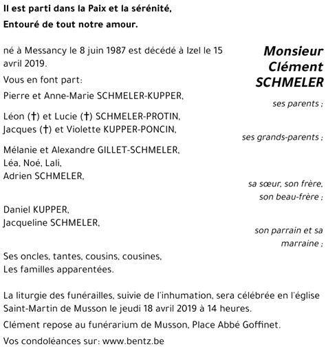 Avis De Décès De Clément Schmeler Décédé Le 15042019 à Izel Annonce