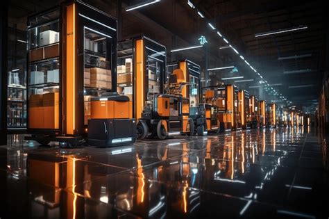 A Cargo Transport Robot Is Parked On The Floor Near Shelves With Merchandise In A Spacious