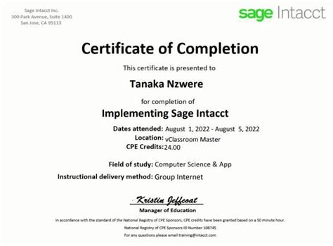 Amon Nheta On Linkedin Certificate Of Completion Sage Intacct Training
