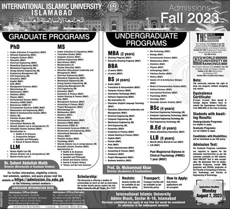 International Islamic University Islamabad Admissions 2023