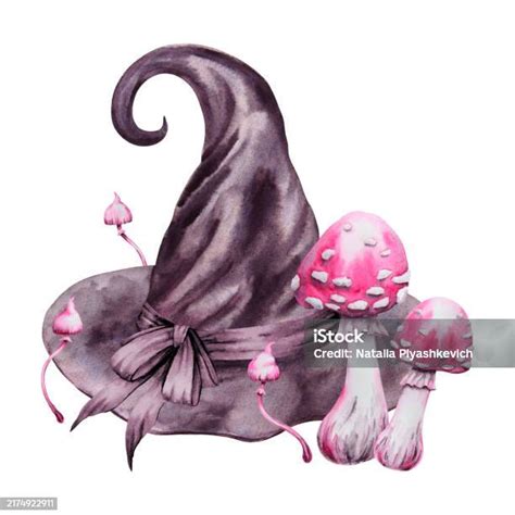 검은 마녀 모자 분홍색 파리 Agaric 독 버섯 고딕 양식의 빈티지 속성 신비주의 마술 할로윈 안식일 카니발 테마 파티에 대 한 점성술 수채화 손으로 그린 잘라낸 클립아트