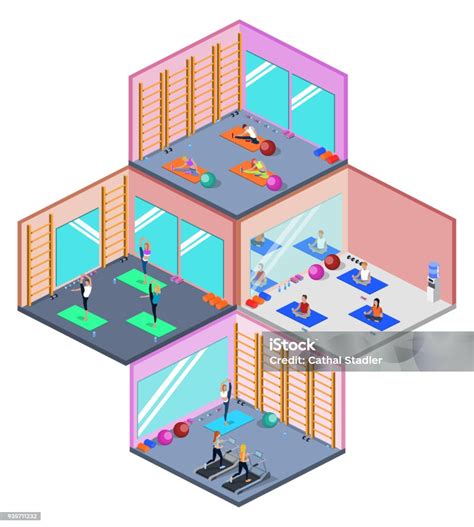 사람들은 스포츠 아이소메트릭 3d 벡터 일러스트 레이 션을 하 고 클래스 요가 필 라 테 스 개념에 대한 스톡 벡터 아트 및 기타 이미지 Istock