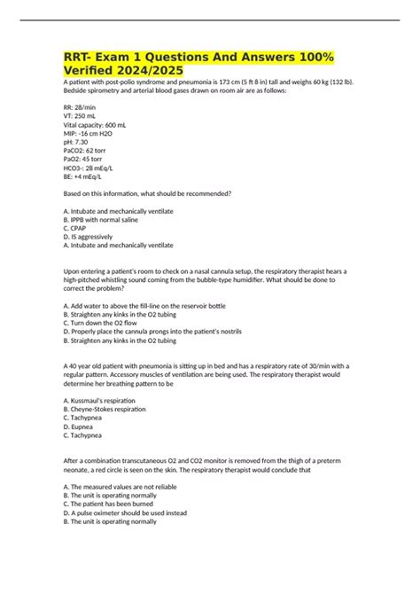 Rrt Exam 1 Questions And Answers 100 Verified 2024 2025 Rrt Registered Respiratory