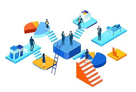 추상적 인 플랫폼에 서있는 비즈니스 인력과 Isometric 3d 비즈니스 환경 성공의 상징으로 악수 비즈니스 컨셉 일러스트레이션 함께 작업 3차원 형태에 대한 스톡 벡터