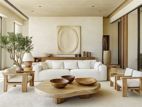 Wooden Coffee Table And White Sofas Interior Modern Minimalist Living