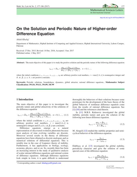 Pdf On The Solution And Periodic Nature Of Higher Order Difference Equation