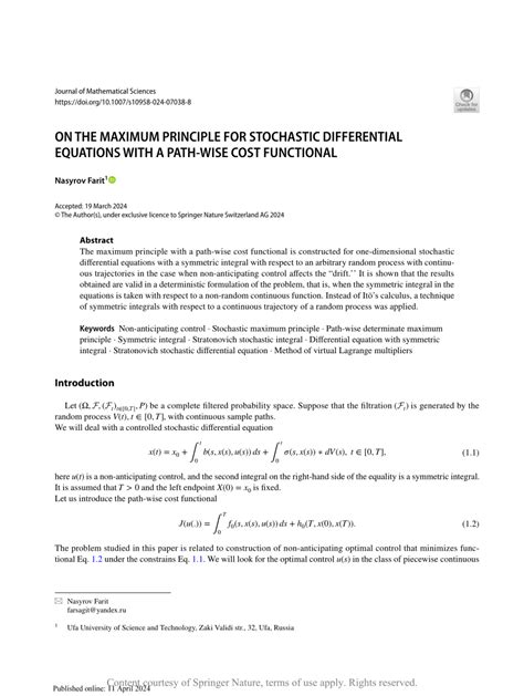 On The Maximum Principle For Stochastic Differential Equations With A Path Wise Cost Functional