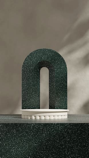 빈 장면 흰색 실린더 연단 초상화 녹색 테라 조 아치와 바닥 렌더링 3d 0명에 대한 스톡 사진 및 기타 이미지 0명 3