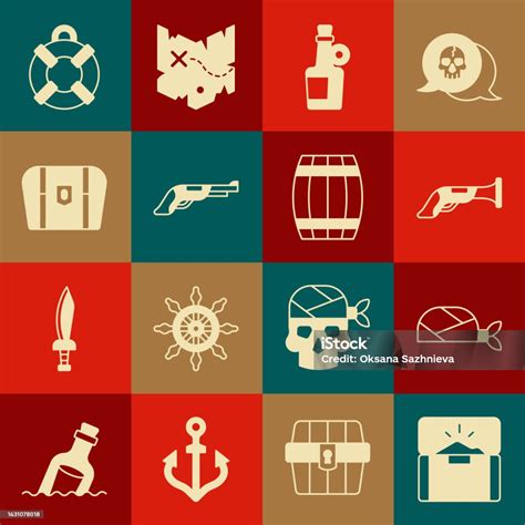 골동품 보물 상자 머리용 해적 두건 빈티지 권총 알코올 음료 럼 구명 부표 및 나무 통 아이콘을 설정합니다 벡터 고풍스런에 대한 스톡 벡터 아트 및 기타 이미지 Istock
