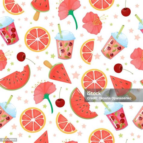 과일 칵테일과 아이스크림의 여름 패턴 레모네이드 체리와 자몽 여름 과자 벡터 일러스트레이션 과일에 대한 스톡 벡터 아트 및 기타