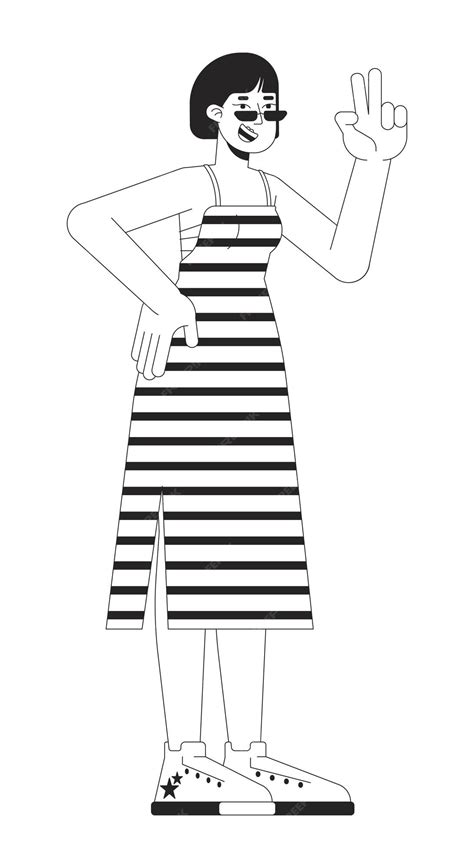 Premium Vector Cheerful Asian Woman With V Gesture Black And White 2d Line Cartoon Character