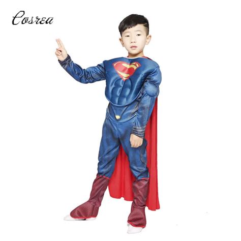 코스프레 의상 키즈 바디 슈트 슈퍼맨 원지 스판덱스 캣슈트 근육 슈퍼 히어로 점프 슈트 어린이용 망토 포함 남아용