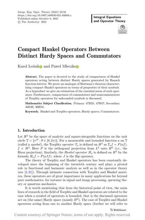 Pdf Compact Hankel Operators Between Distinct Hardy Spaces And