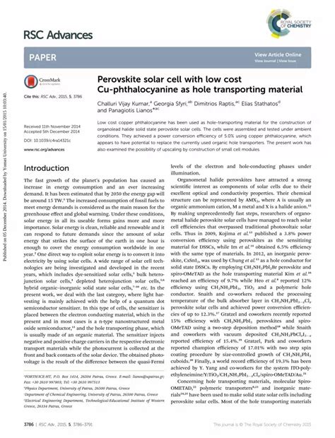 Pdf Perovskite Solar Cell With Low Cost Cu Phthalocyanine As Hole