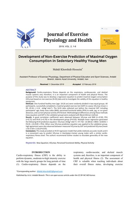 Pdf Development Of Non Exercise Prediction Of Maximal Oxygen