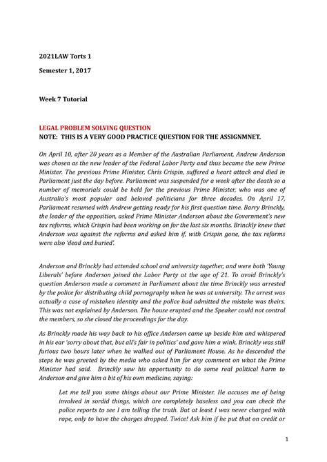 Week 7 Tutorial 2021law 2017 Question 2021law Torts 1 Semester 1