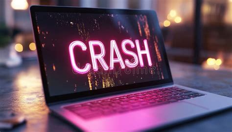 Open Laptop Computer Showing Crash Message In Neon Text On Screen