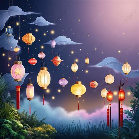 在寧靜的夜景中的神奇懸掛燈籠 传统艺术 灯笼 燈籠照明背景圖片和桌布免費下載