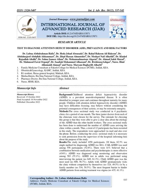34test To Diagnose Attention Deficit Disorder Add Prevalence And Risk Factors Pdf