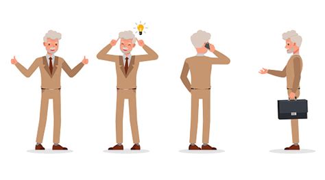 사무실 캐릭터 벡터 디자인에서 일하는 오래된 사업가 다양한 액션으로 프리젠 테이션 개념에 대한 스톡 벡터 아트 및 기타 이미지