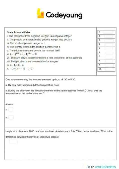 An Introduction To Subtraction Of Integers Advanced Interactive Worksheet Topworksheets
