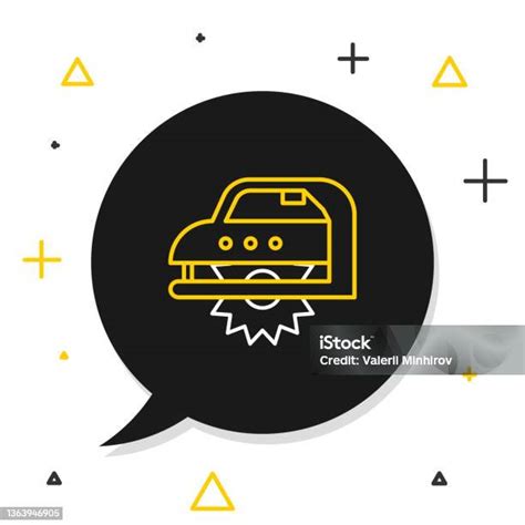 흰색 배경에 고립 된 강철 이빨 디스크 아이콘라인 전기 원형 톱 나무 또는 금속을 절단하기위한 전기 손 도구 다채로운 개요 개념 벡터 Rotary International에