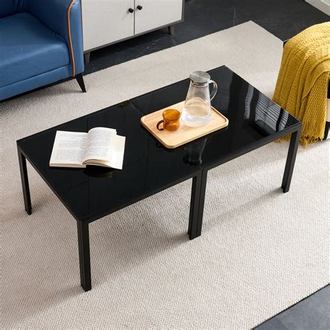 Living Room Coffee Table Of 2 Squares Black Tempered Glass With Metal