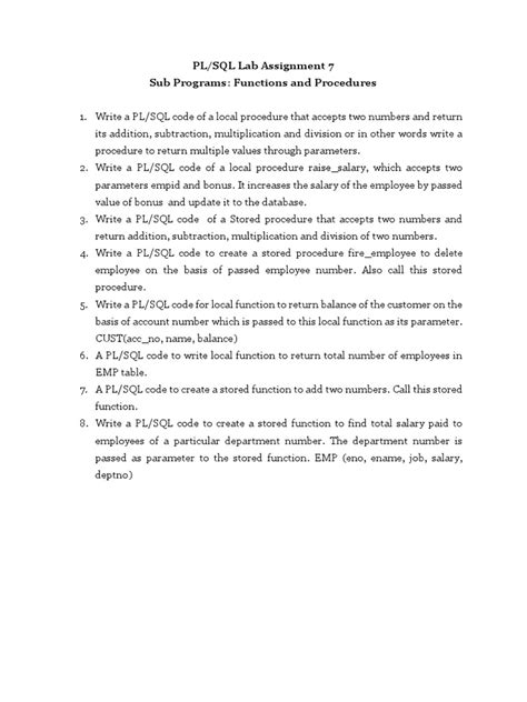 Plsql Lab Assignment 7 Sub Programs Functions And Procedures Pdf