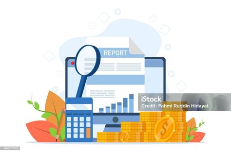 재무 보고서 개념입니다 회계 분석 감사 연구 결과 화면에 차트와 그래프가 있는 컴퓨터 보고서 목표 돋보기 웹 배너 랜딩 페이지에 사용할 수 있습니다 가상현실에 대한 스톡