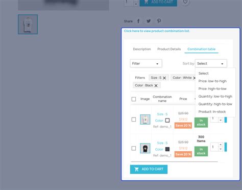 Prestashop Product Combinations Tablelist View With Add To Cart Webkul
