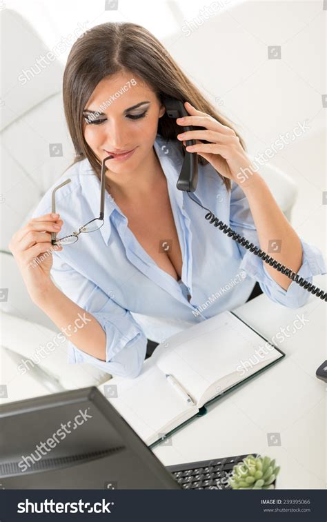 Young Pretty Businesswoman Cleavage Sitting Table Stockfoto Jetzt