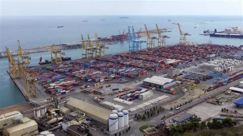Aerial View Of The Industrial Container Port Of The Port Of Barcelona With The Large Ships