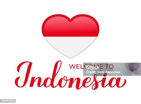 흰색 배경에 고립 된 심장 모양의 국기와 인도네시아 문자에 오신 것을 환영합니다 타이포그래피 포스터 엽서 배너 전단지 스티커 티셔츠용 벡터 템플릿 T 셔츠에 대한 스톡 벡터