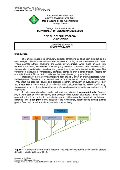 Gbio55 Lab Exercise 7 Part 1 Instruction Invertebrates Laboratory