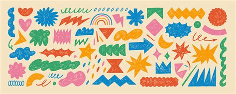 펑키한 추상적인 기하학적 모양과 색색의 크레용으로 그려진 인물 낙서 현대 인물 별 아치 구름 화살표 스티커에 대한 스톡 벡터 아트 및 기타 이미지 Istock