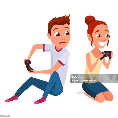 비디오 게임 키즈 소년과 소녀가 게임 콘솔의 조이스틱으로 게임을 하고 있습니다 어린이 비디오 게임 중독 즐거운 십대들 평면 디자인의 벡터 그림 Brand Name Video