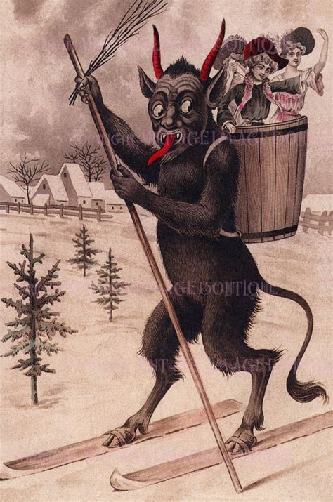 Antique Edwardian Illustration Krampus Skiing With Basket Of Ladies
