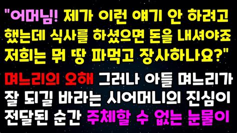 어머님 제가 이런 얘기 안 하려고 했는데 식사를 하셨으면 돈을 내셔야죠 저희는 뭐 땅 파먹고 장사하나요 며느리의 오해 그러나 아들 며느리가 잘 되길 바라는 시어머니의