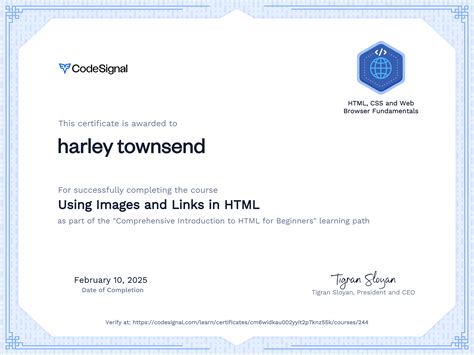 Course Certificate For Using Images And Links In Html Codesignal Learn