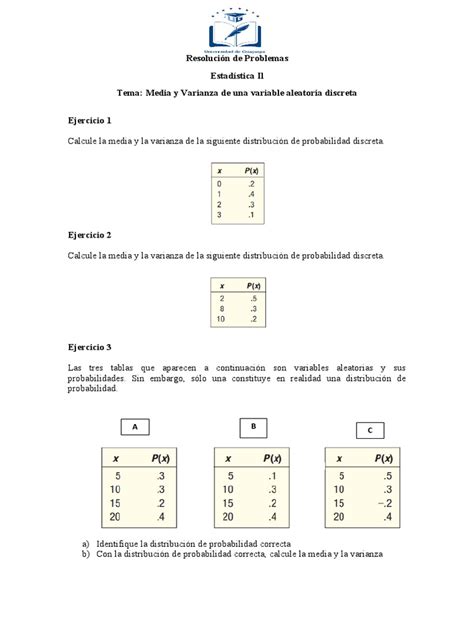 Ejercicios Media Y Varianza De Una Variable Aleatoria Discreta Pdf