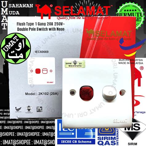 Selamat 2k Suis Soket Plak 13a 15a 1gang Sso Switched Socket Outlet 20a Double Pole Dp Wh Switch